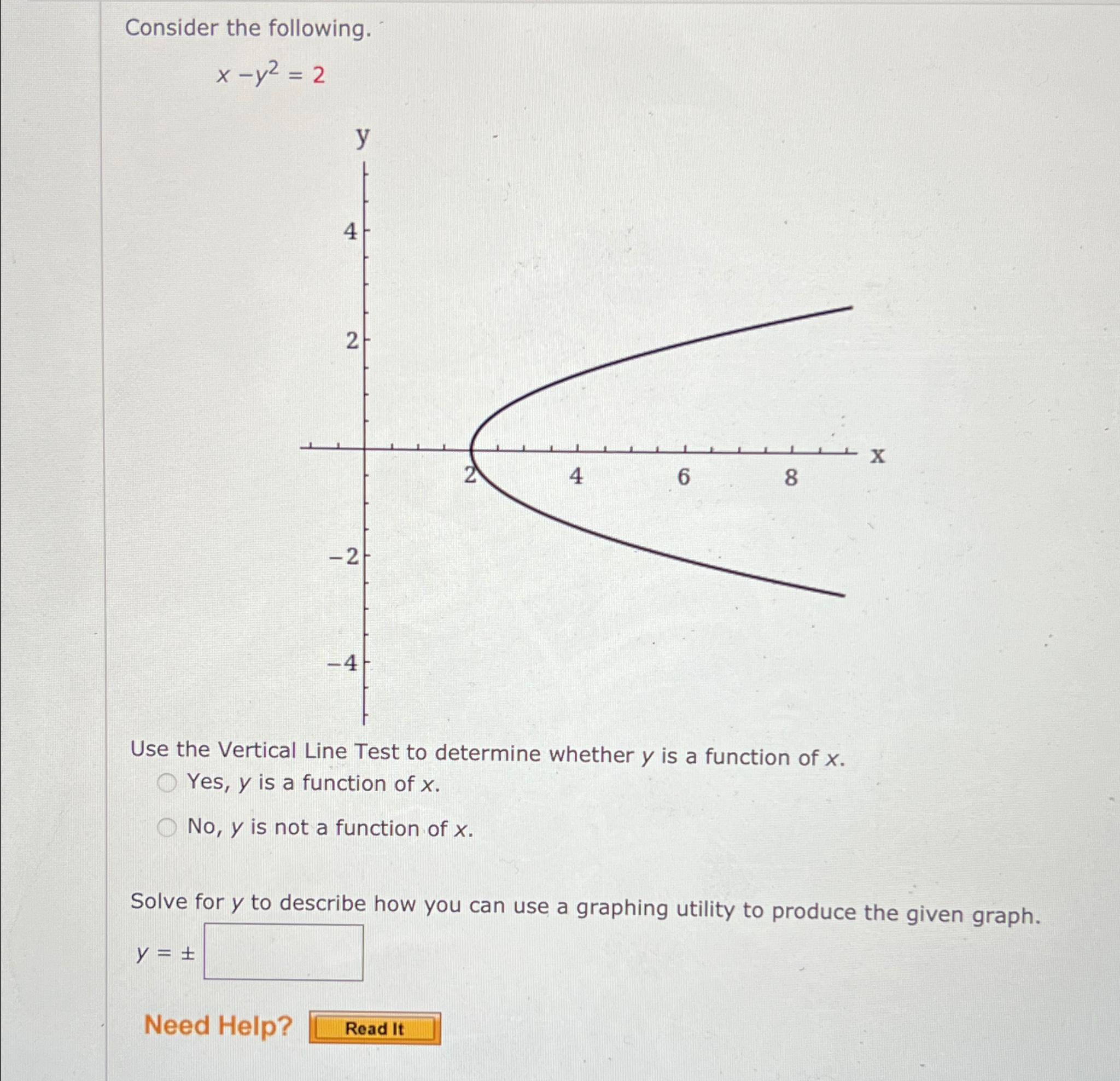 Solved Consider the following.x-y2=2Use the Vertical Line | Chegg.com
