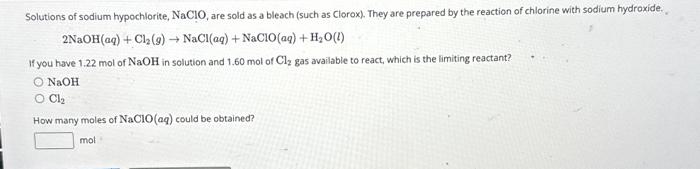 Solved Solutions of sodium hypochlorite, NaClO, are sold as | Chegg.com