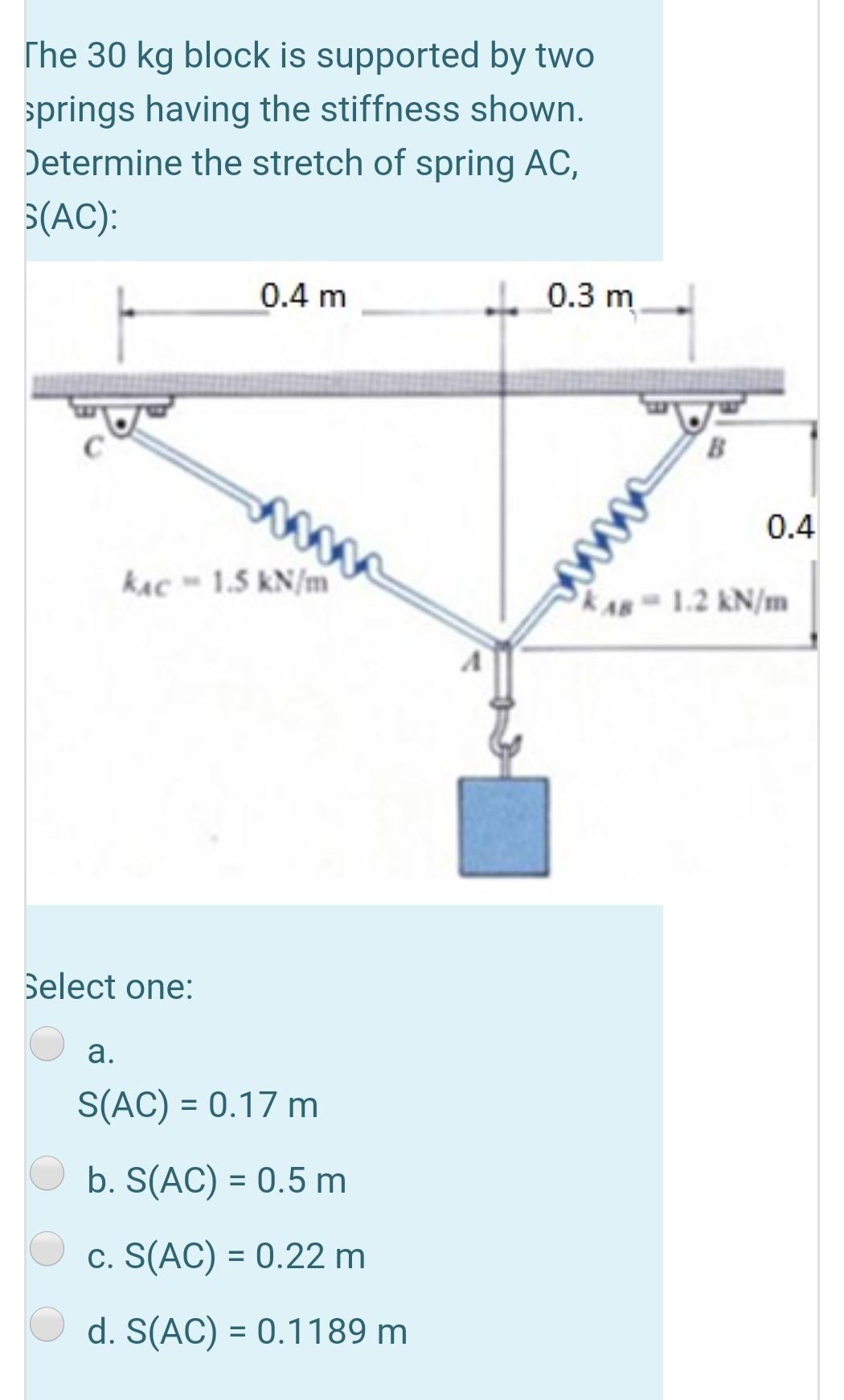 Solved The 30 kg block is supported by two springs having | Chegg.com