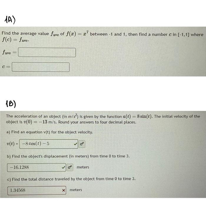 Solved 1A) Find the average value fave of f(x)=x7 between | Chegg.com