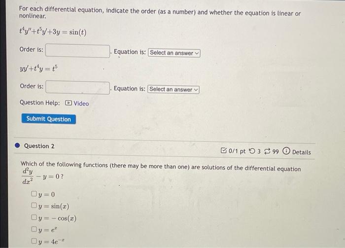 Solved For each differential equation, indicate the order | Chegg.com