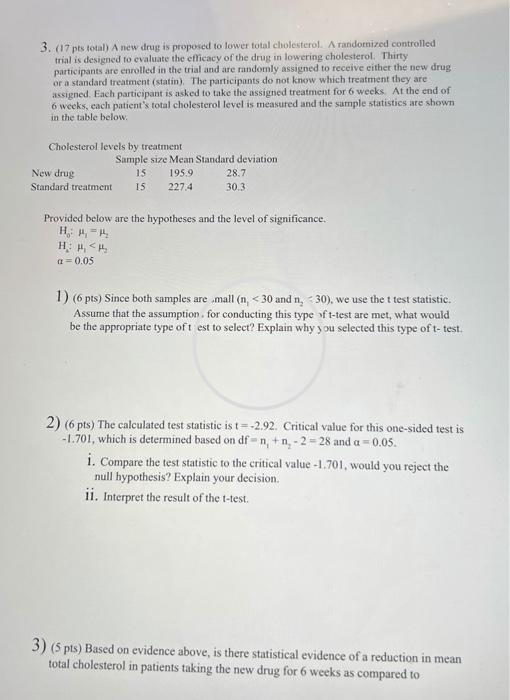 Solved 3. (17 pts tosial) A new drug is proposed to lower | Chegg.com