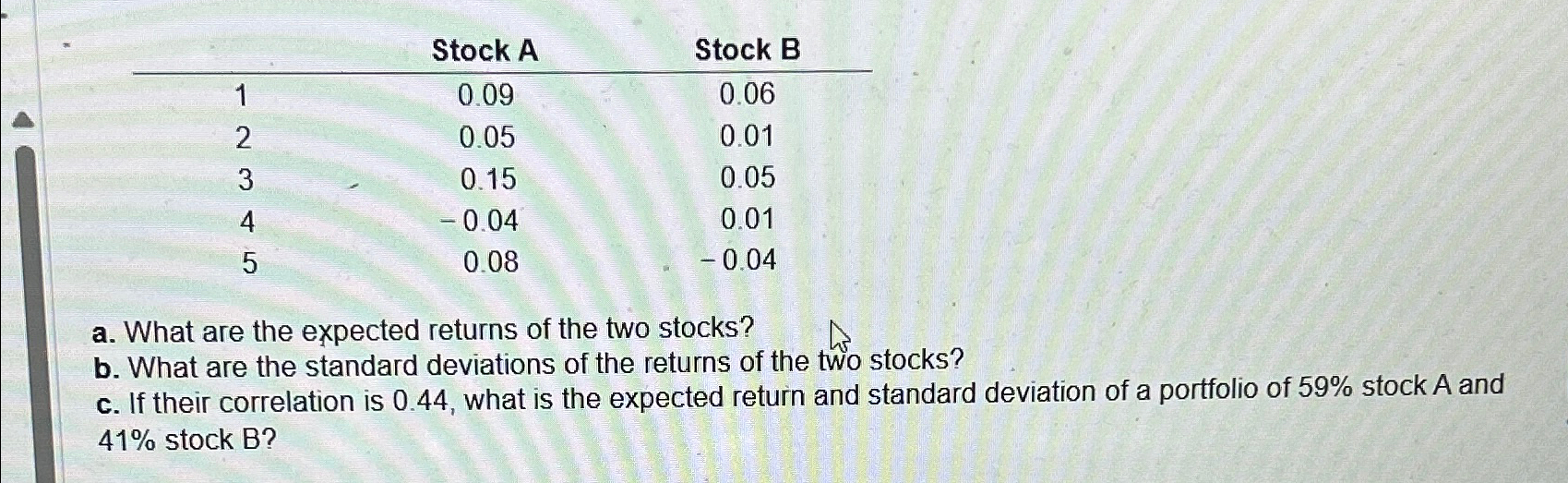 Solved \table[[,Stock A,Stock | Chegg.com