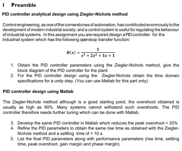 Solved | Preamble PID controller analytical design using | Chegg.com