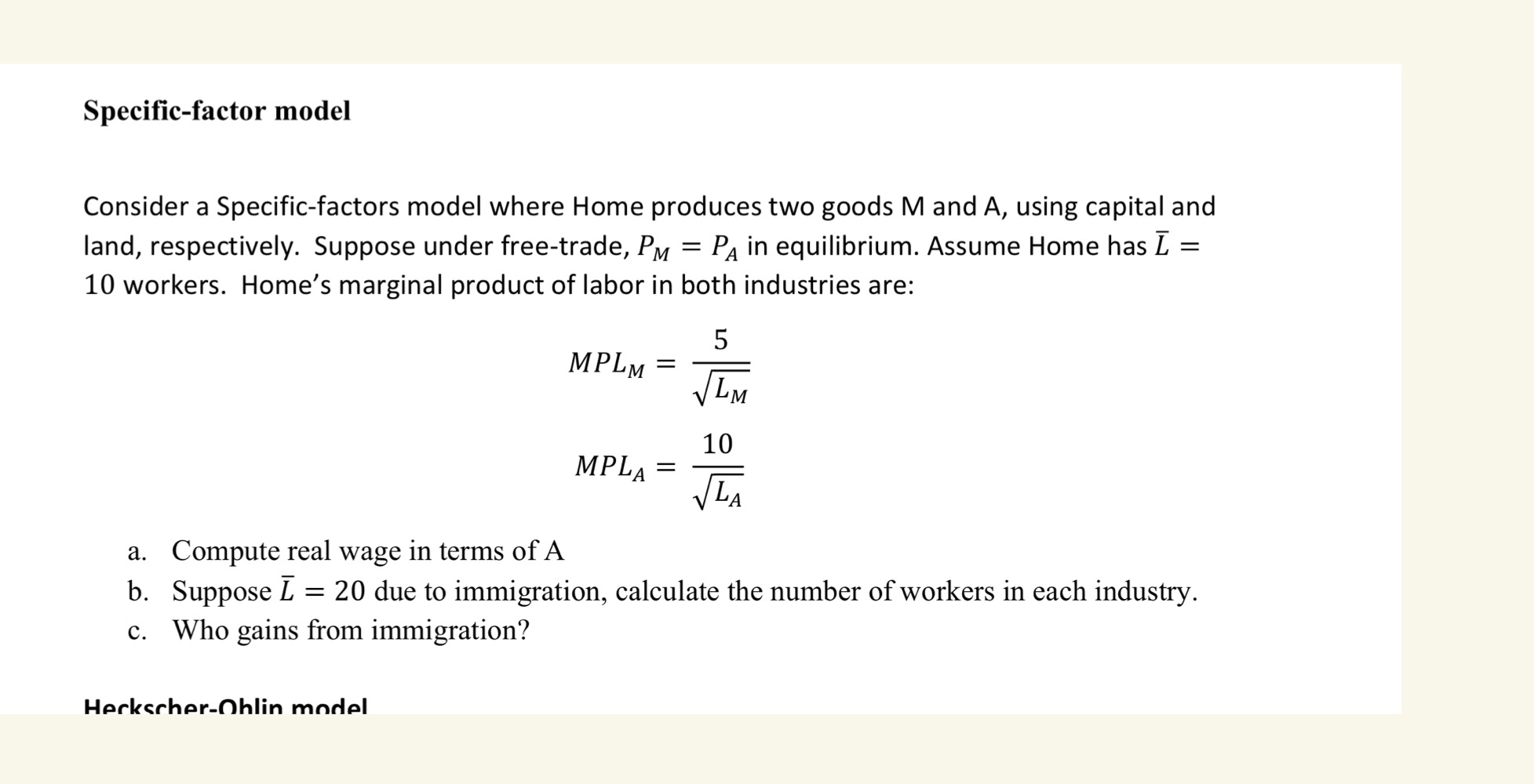Solved Specific-factor modelConsider a Specific-factors | Chegg.com
