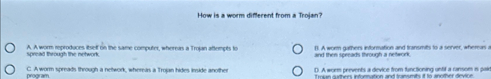 Solved How is a worm different from a Trojan?A. ﻿A worm | Chegg.com