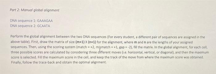 Solved Part 2: Manual global alignment DNA sequence 1: | Chegg.com