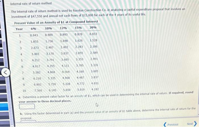 Solved Internal rate of return method The internal rate of | Chegg.com