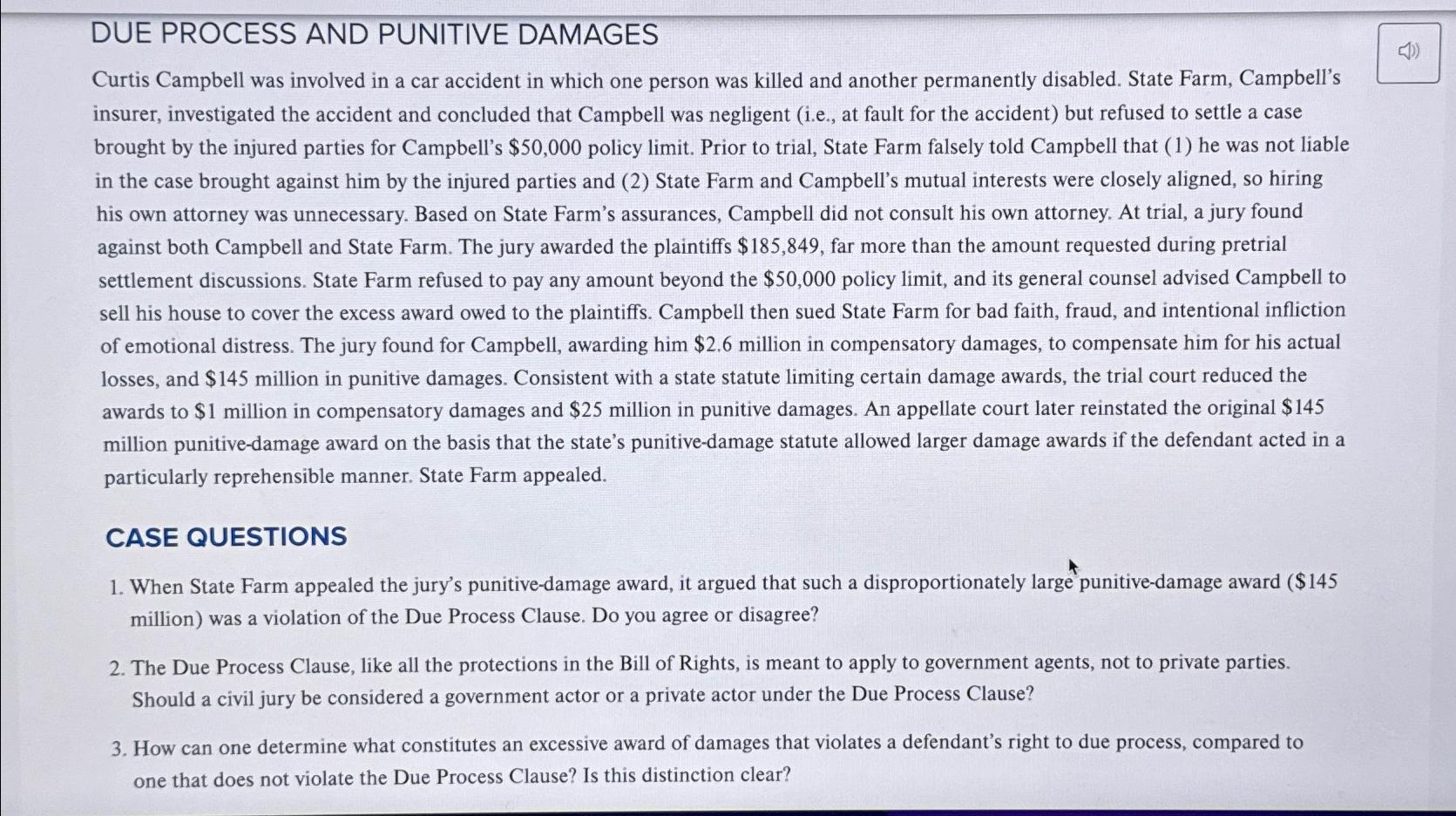 Solved DUE PROCESS AND PUNITIVE DAMAGESCurtis Campbell was | Chegg.com