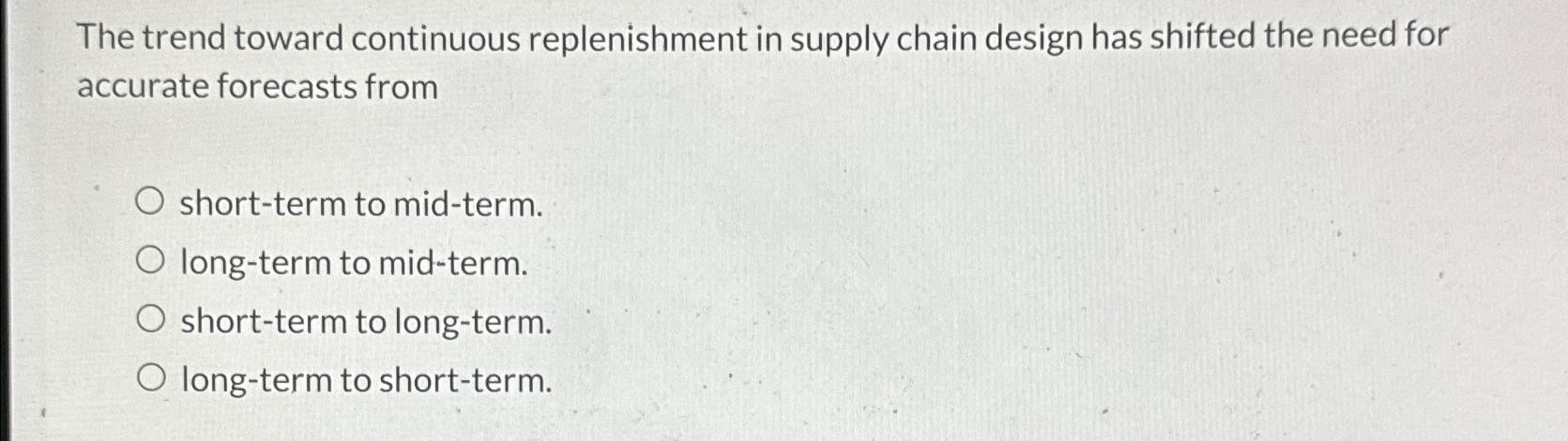 Solved The trend toward continuous replenishment in supply | Chegg.com