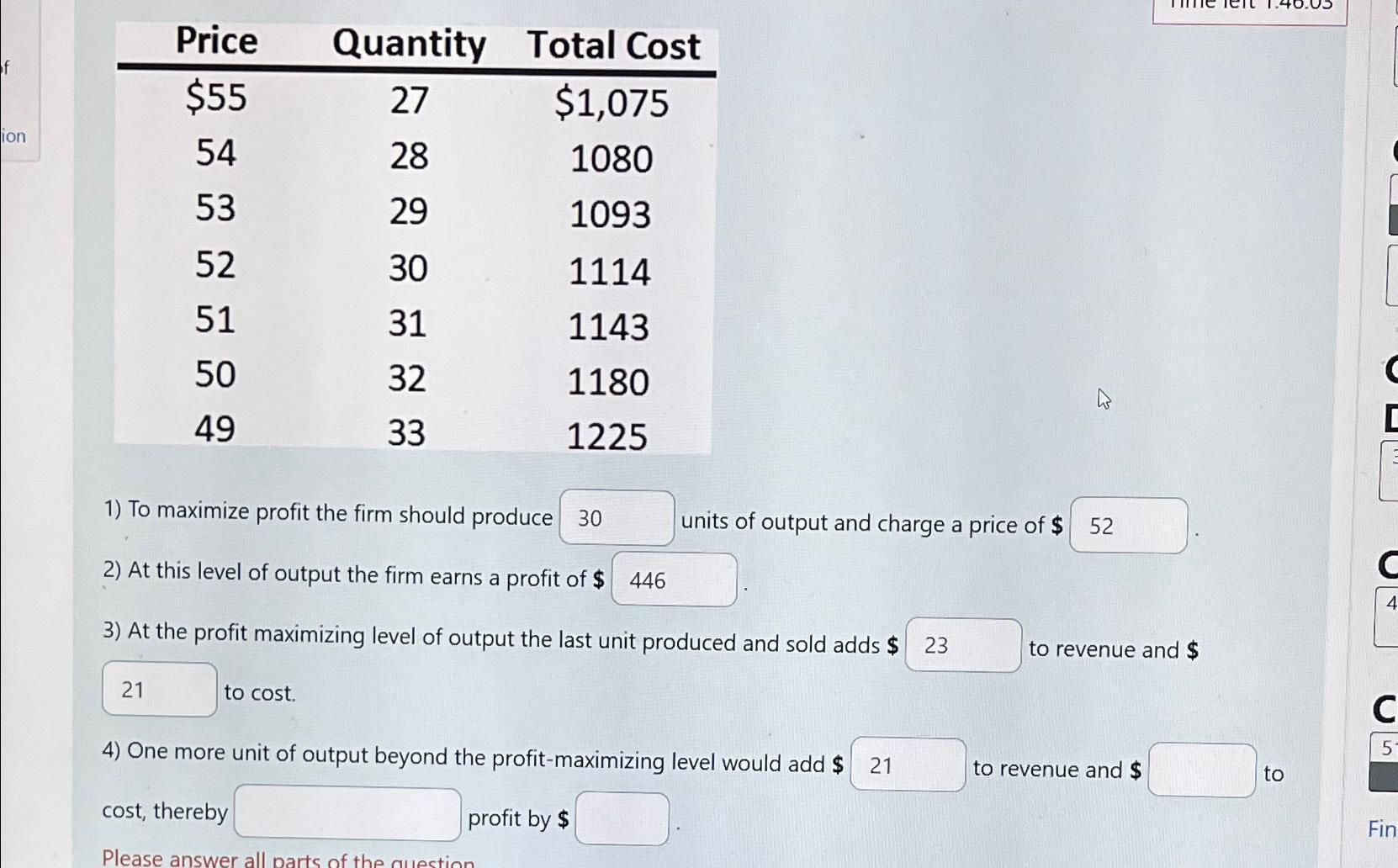Solved \table[[Price,Quantity,Total Cost],[$55,27,$1,075 | Chegg.com