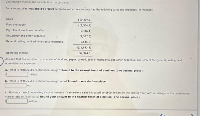 Solved Contribution Margin And Contribution Margin Ratio For