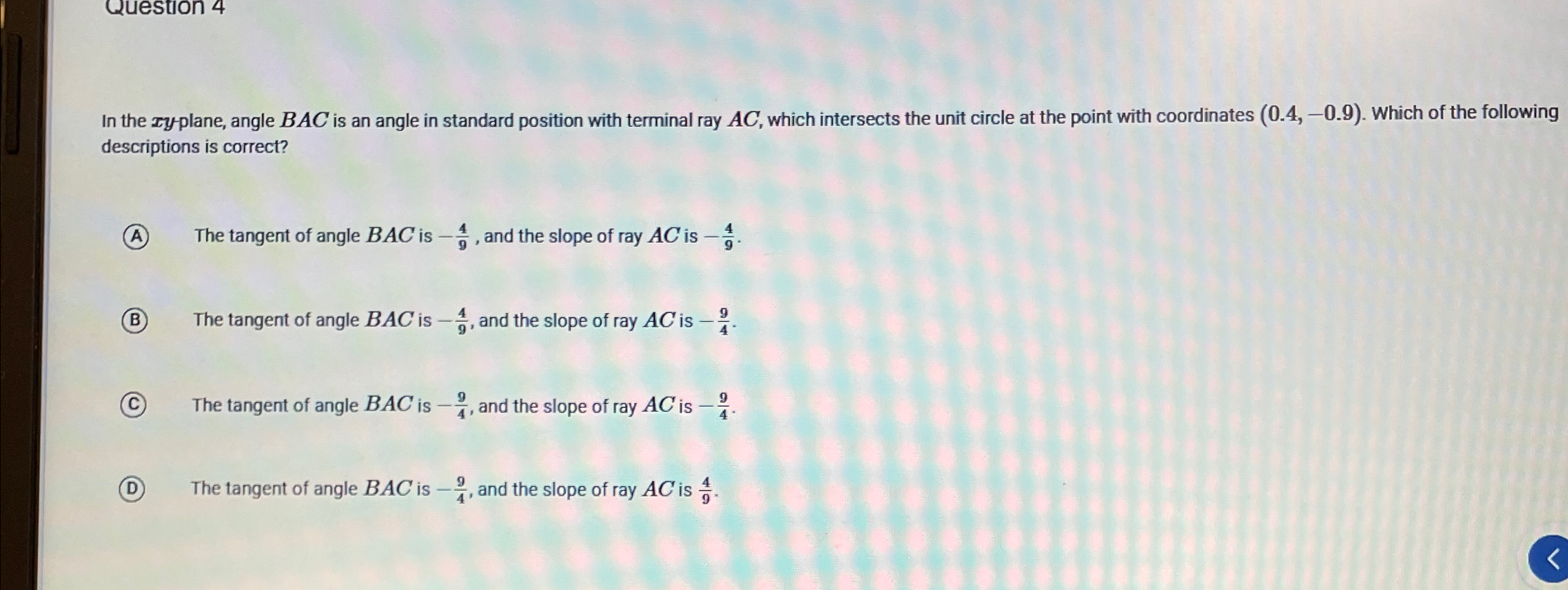 Solved In the xy-plane, angle BAC is an angle in standard | Chegg.com