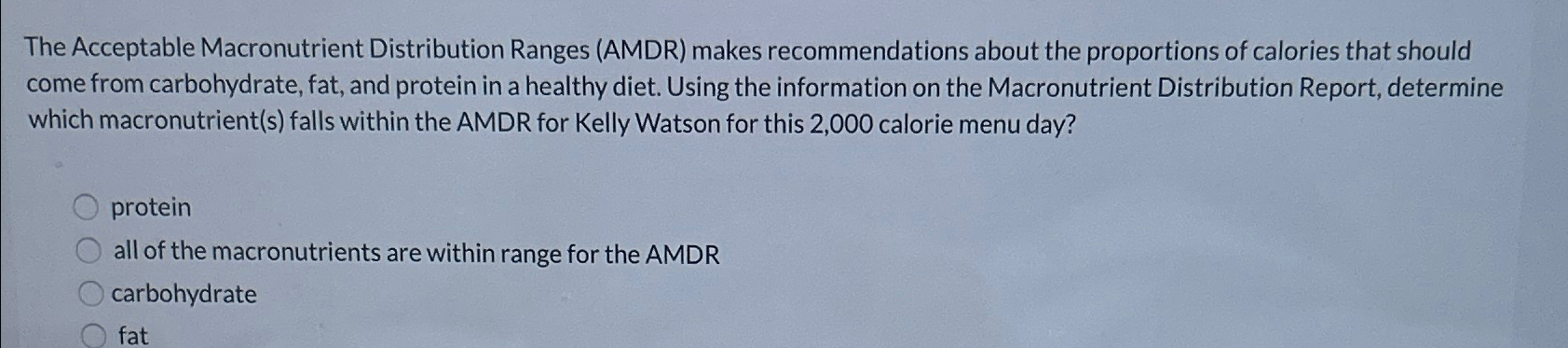 Solved The Acceptable Macronutrient Distribution Ranges | Chegg.com