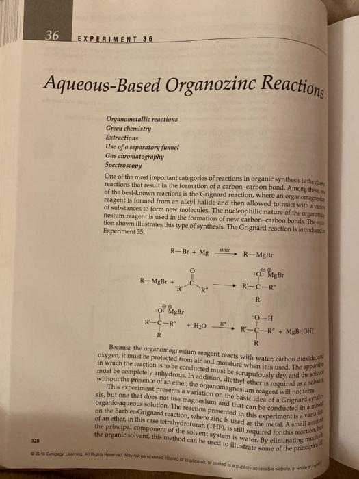 36 EXPERIMENT 36 Aqueous-Based Organozinc Reactions | Chegg.com