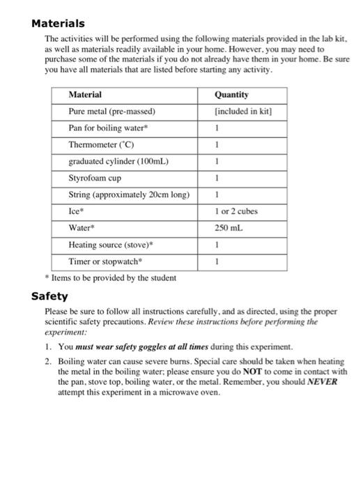 Materials The activities will be performed using the | Chegg.com