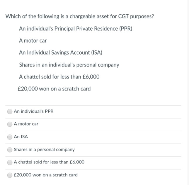 Solved Which of the following is a chargeable asset for CGT | Chegg.com
