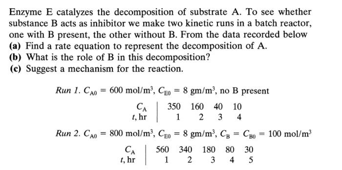 Solved Enzyme E catalyzes the decomposition of substrate A. | Chegg.com