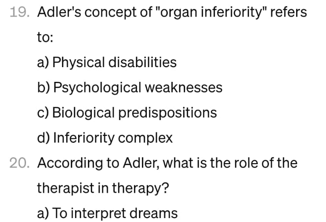 Solved Adler's concept of "organ inferiority" refers to:a) | Chegg.com