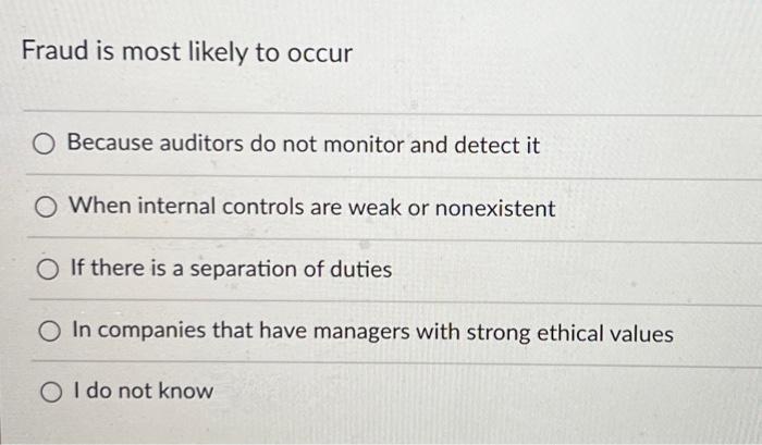 Solved Fraud is most likely to occur Because auditors do not | Chegg.com