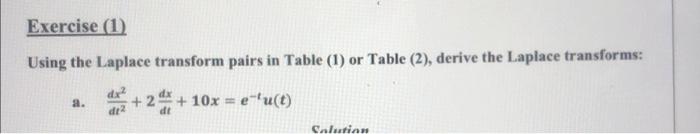 Solved Exercise (1) Using the Laplace transform pairs in | Chegg.com