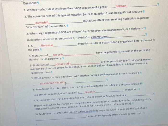 Solved Questions: 1. When a nucleotide is lost from the | Chegg.com