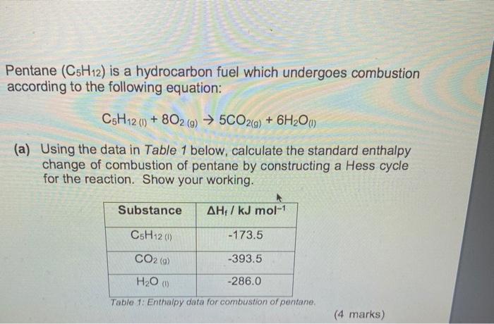 Solved Pentane (C5H12) is a hydrocarbon fuel which undergoes | Chegg.com