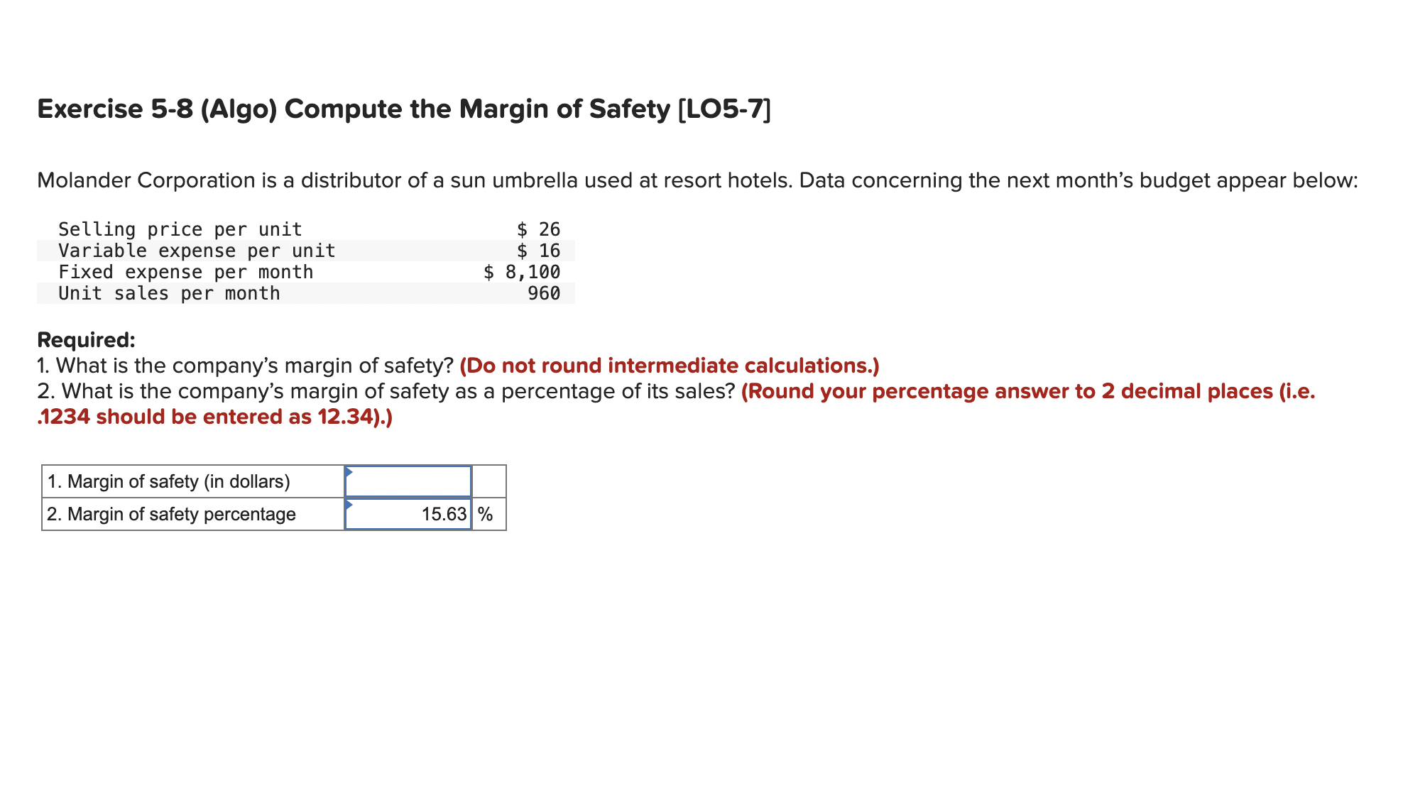 Solved Required:Exercise 5-8 (Algo) ﻿Compute the Margin of | Chegg.com