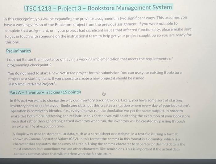 Solved ITSC 1213 - Project 3 - Bookstore Management System | Chegg.com