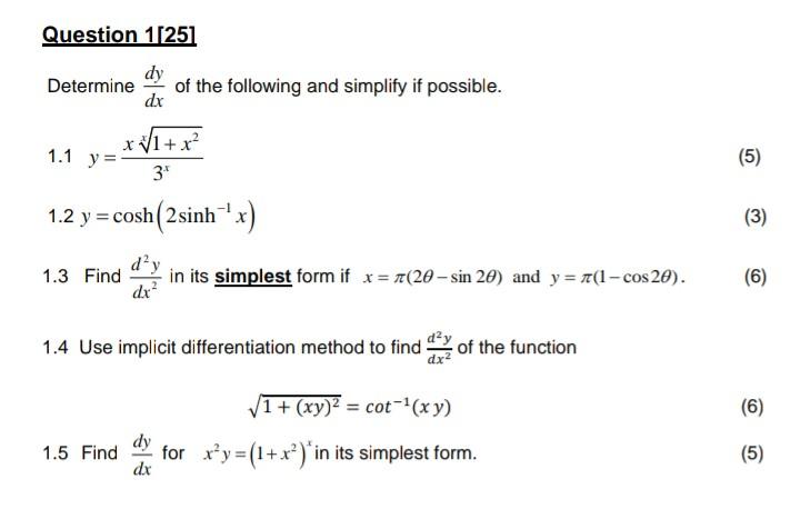 Solved Question 1[25] Determine \\( \\frac{d y}{d x} \\) of | Chegg.com