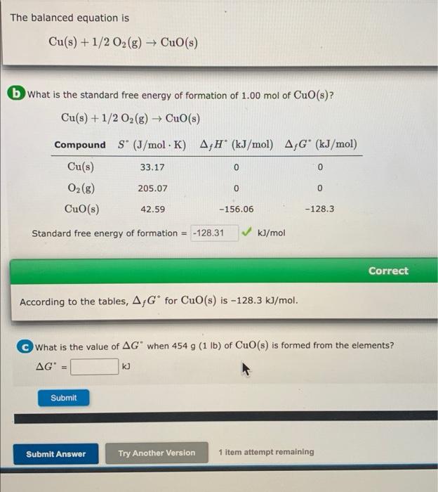 Solved The balanced equation is Cu(s) + 1/2O₂(g) → CuO(s) b | Chegg.com