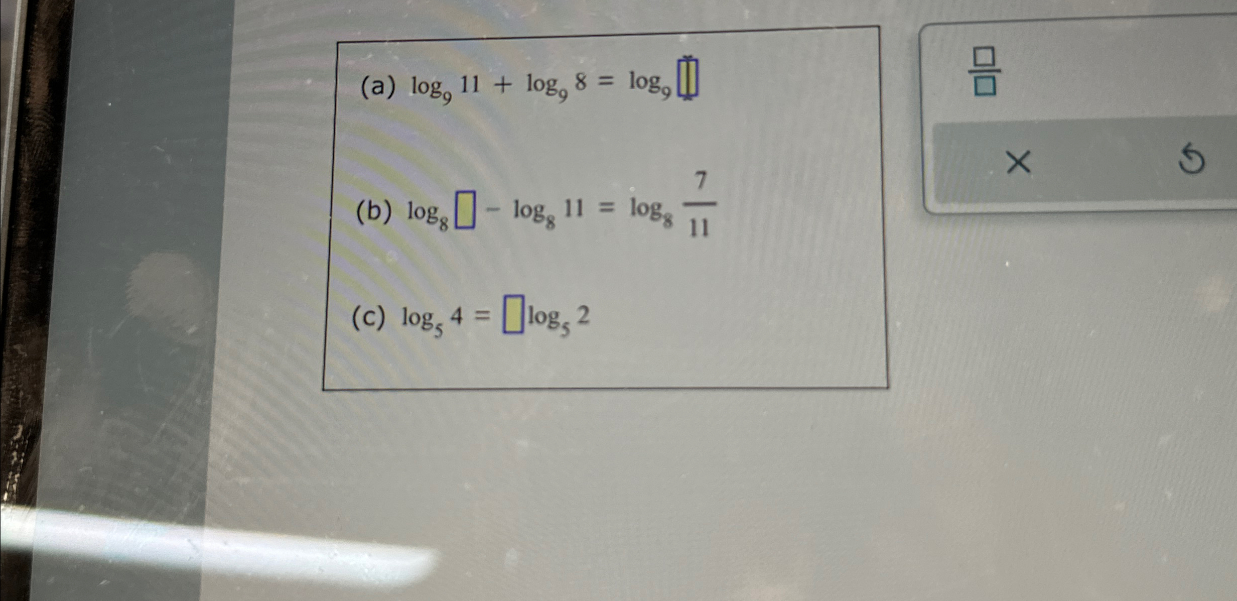 Solved (a) log911+log98=log9 П్(b) log8 -log811=log8(711)(c) | Chegg.com
