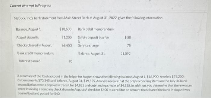 Solved Current Attempt in Progress Metlock inc's bank | Chegg.com