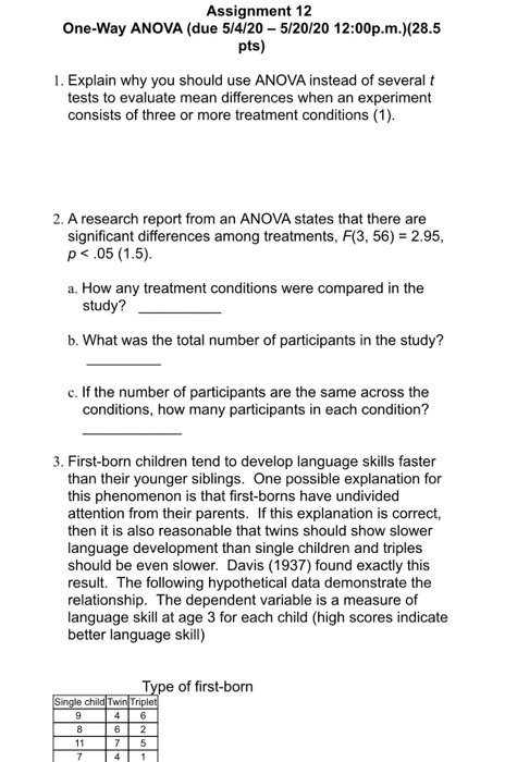 Solved Assignment 12 One-way ANOVA (due 5/4/20 - 5/20/20 | Chegg.com