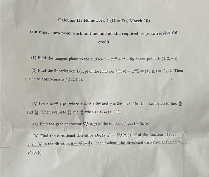 Solved Calculus III Homework 5 (Due Fri, March 10) You must | Chegg.com