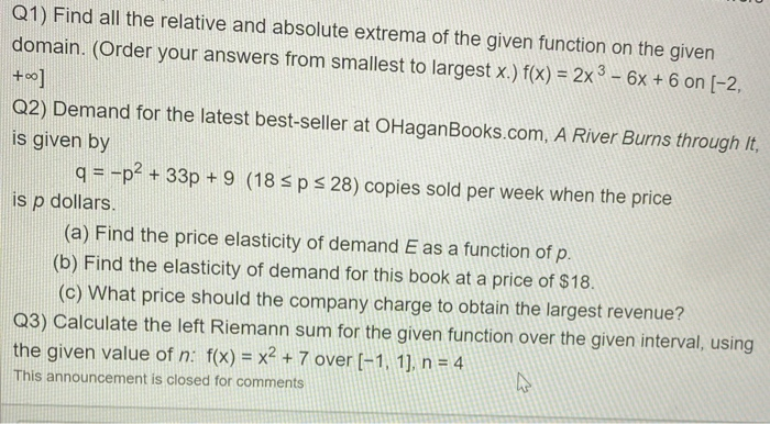 Solved Q1) Find all the relative and absolute extrema of the | Chegg.com