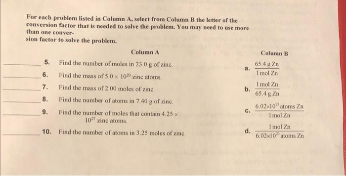 Solved For each problem listed in Column A, select from | Chegg.com