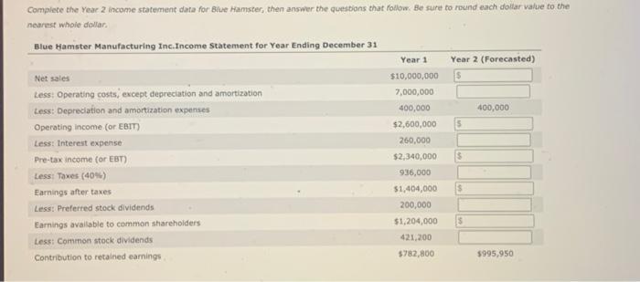 Solved Complete the Vear 2 income statement data for 8 ive | Chegg.com