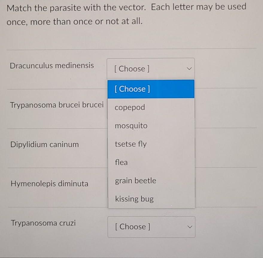 Solved Match the parasite with the vector. Each letter may | Chegg.com