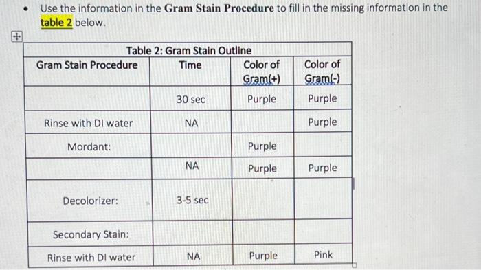 Solved Use the information in the Gram Stain Procedure to | Chegg.com