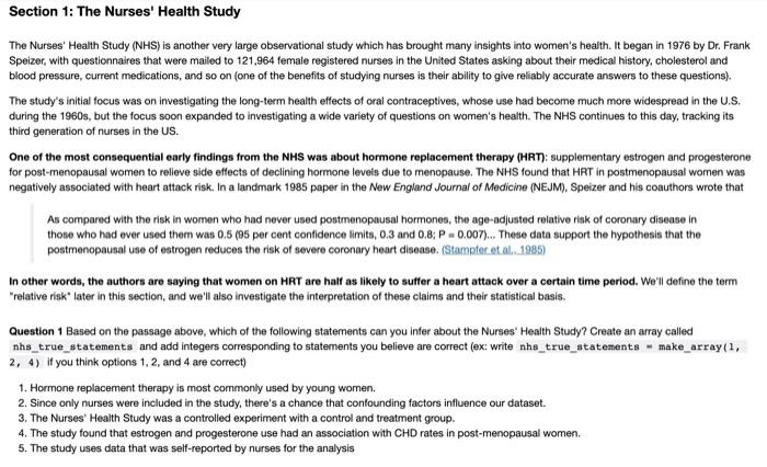 Solved Section 1: The Nurses' Health Study The Nurses' | Chegg.com