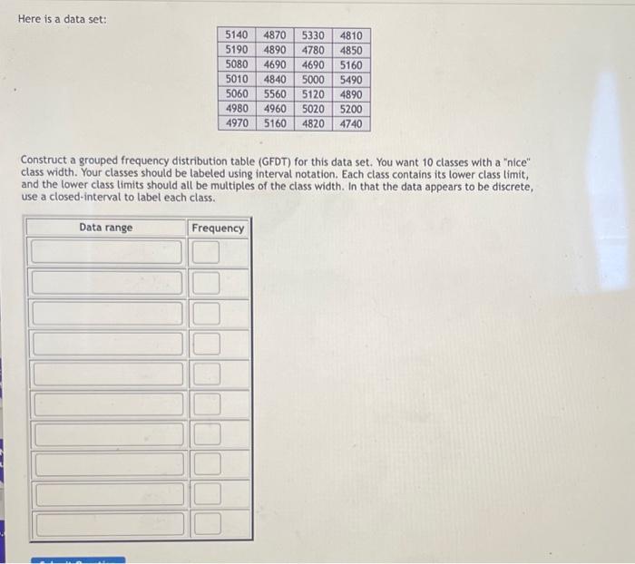 Solved Here is a data set: Construct a grouped frequency | Chegg.com