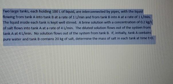 Solved Two large tanks, each holding 100 L of liquid, are | Chegg.com