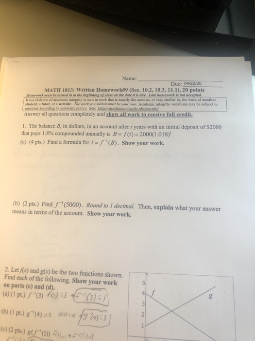 Solved Name Due: 04/22/20 MATH 1813: Written Homework#9 | Chegg.com