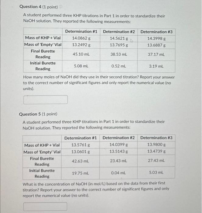 Solved A student performed three KHP titrations in Part 1 in | Chegg.com
