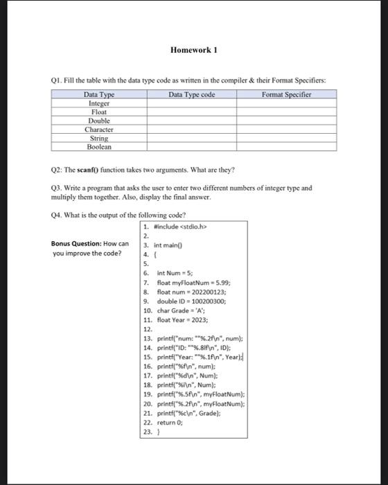 Solved Homework 1 Q1. Fill the table with the data type code | Chegg.com Solved Homework 1 Q1. Fill the table with the data type code | Chegg.com