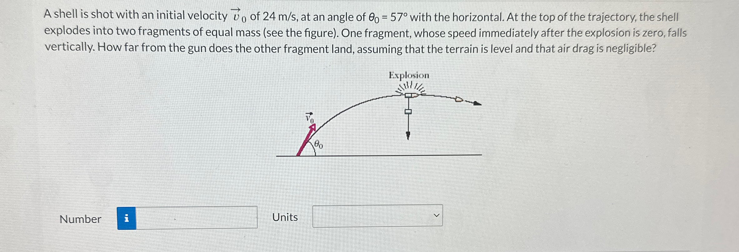 Solved A shell is shot with an initial velocity vec(v)0 ﻿of | Chegg.com