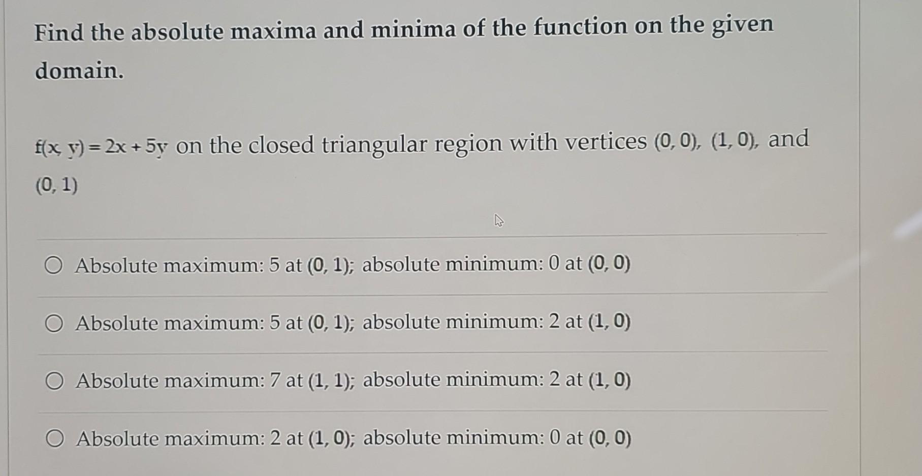 Solved Find the absolute maxima and minima of the function | Chegg.com