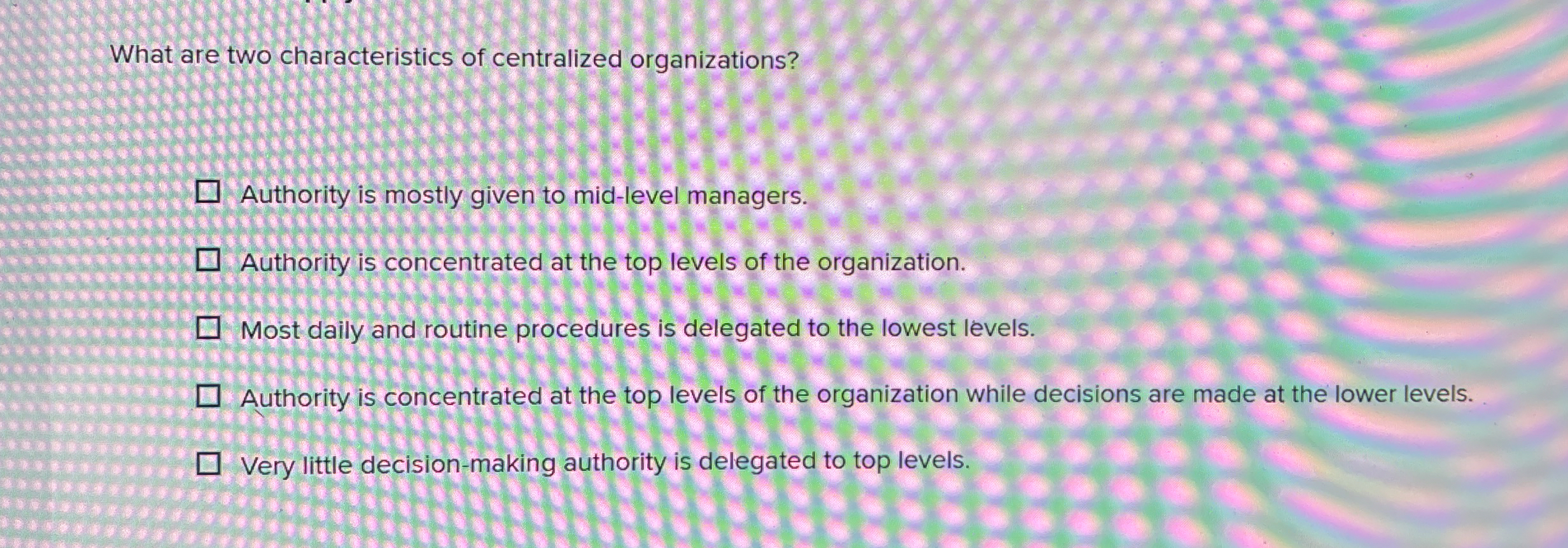 Solved What are two characteristics of centralized | Chegg.com
