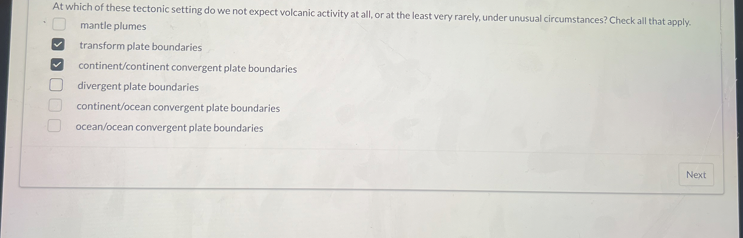 Solved At which of these tectonic setting do we not expect | Chegg.com